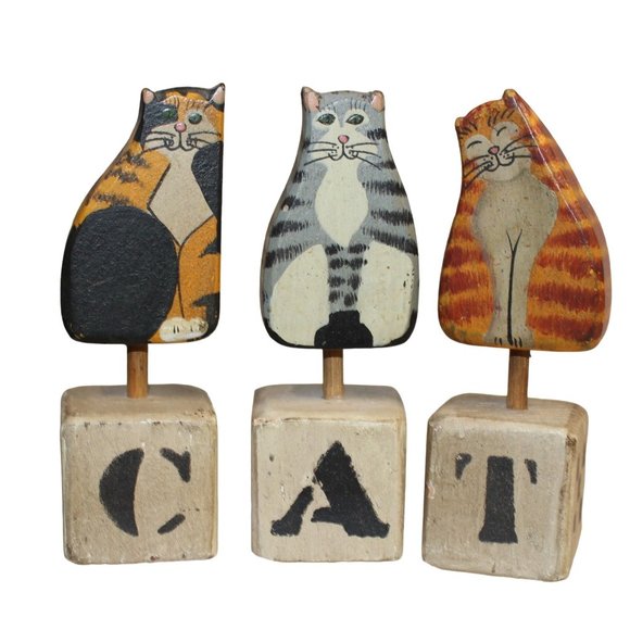 Unbranded | Accents | Folk Art Cat Blocks Rustic Shelf Sitting Wooden ...